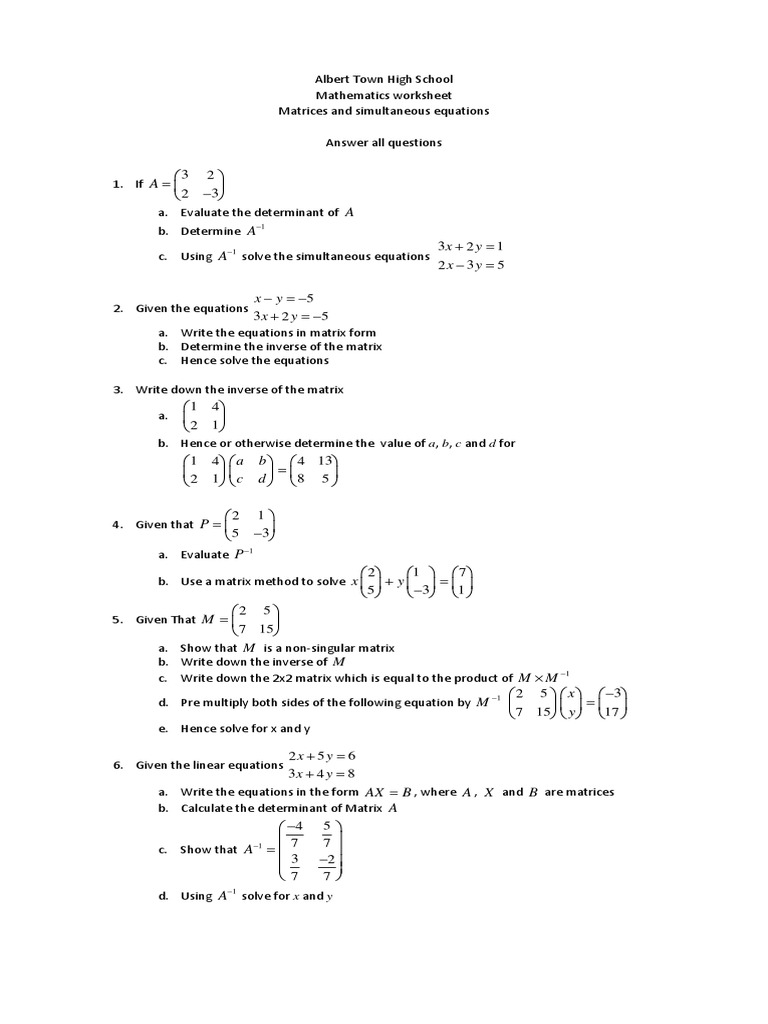 Matrices and Simultaneous Equations Worksheet | PDF