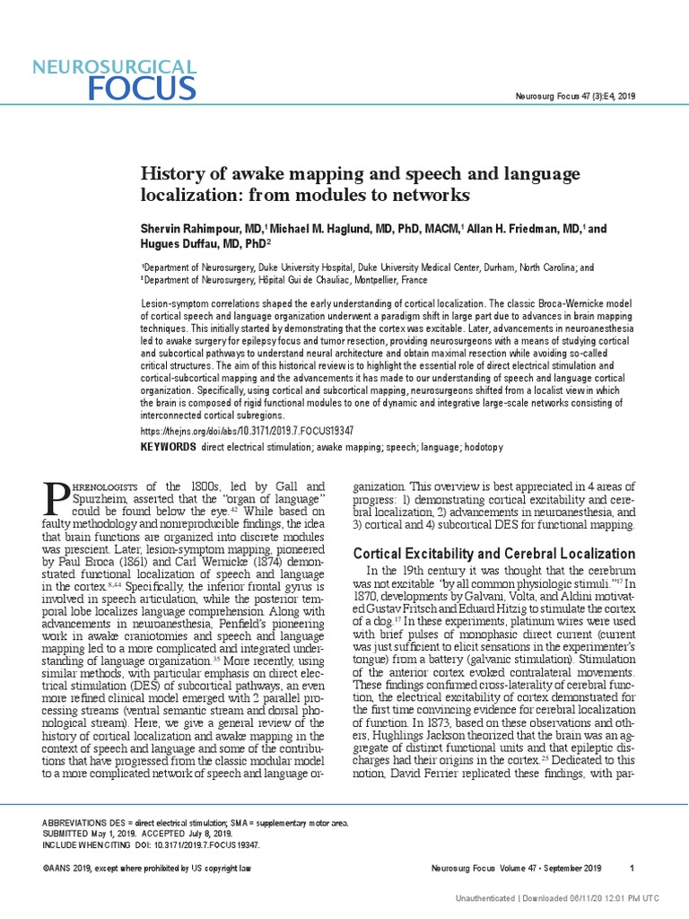 10920684 Neurosurgical Focus History Of Awake Mapping And Speech And Language Localization