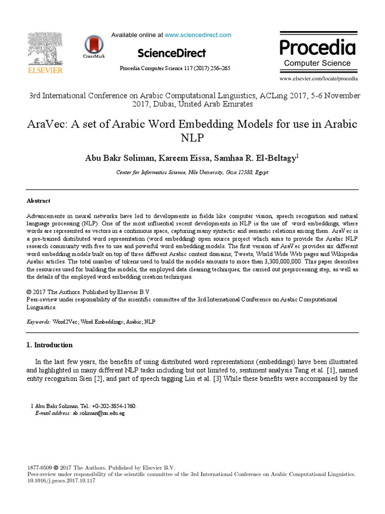 A Set of Arabic Word Embedding Models For Use in Arabic NLP | PDF | Cybernetics | Applied ...