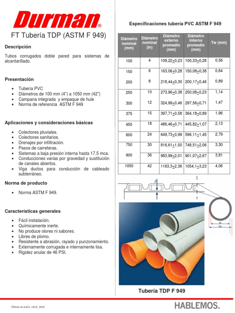 Especificaciones Tubería PVC ASTM F949 | PDF | Ingeniería Química ...
