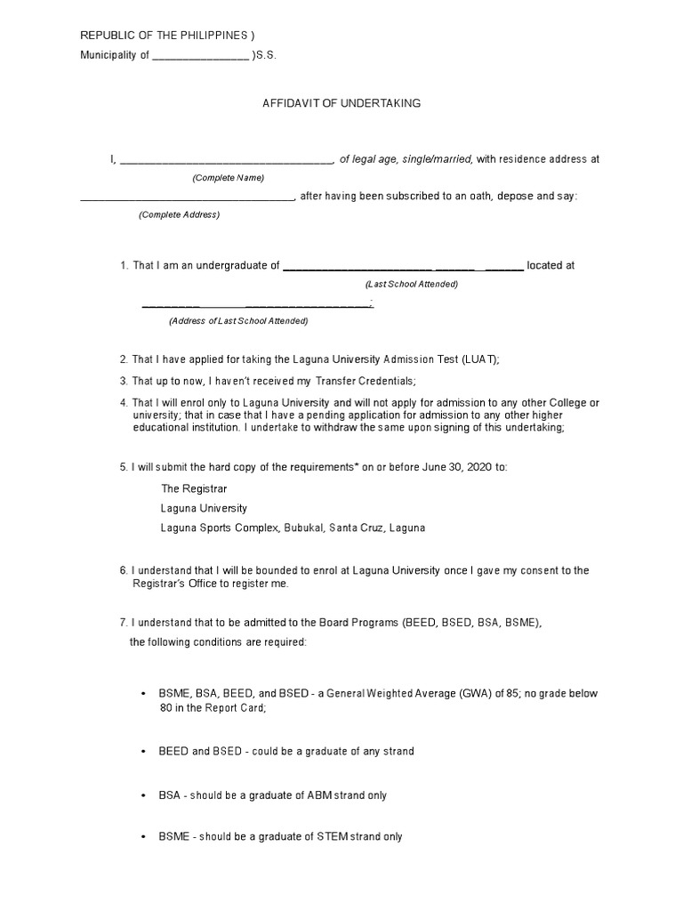 Laguna University Admission Affidavit | PDF | Affidavit | Government