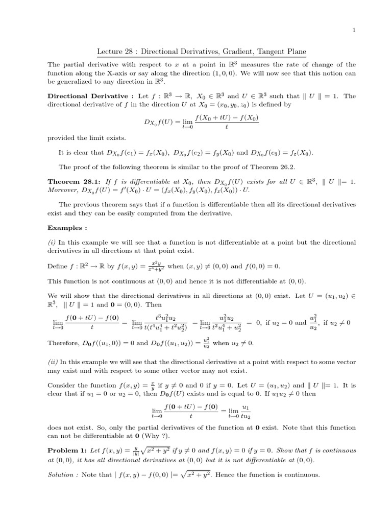 Lecture 28: Directional Derivatives, Gradient, Tangent Plane | PDF | Gradient | Derivative