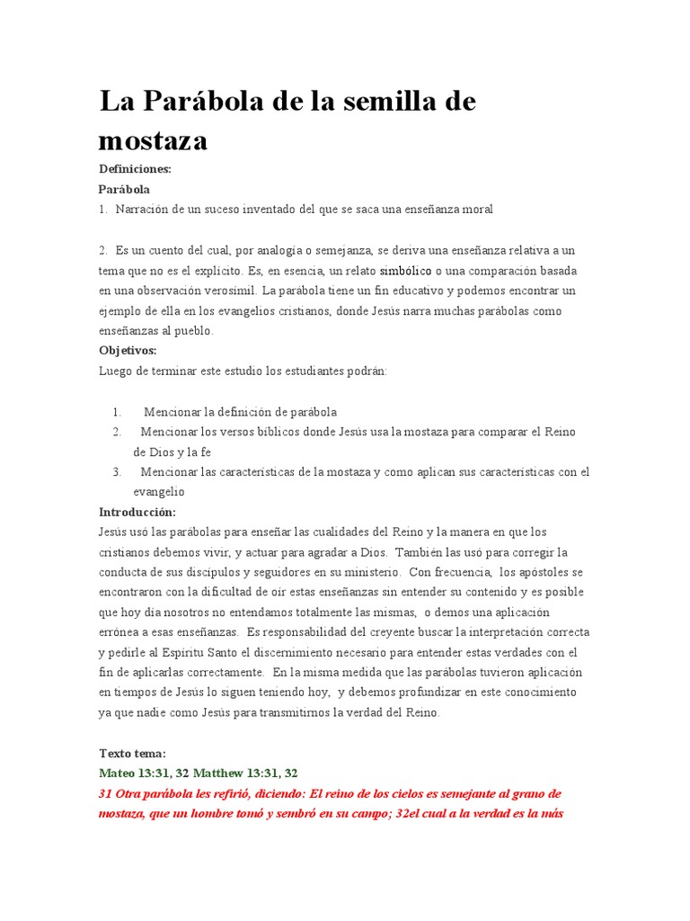 La Parábola de La Semilla de Mostaza | PDF | Parábolas de Jesús | Jesús