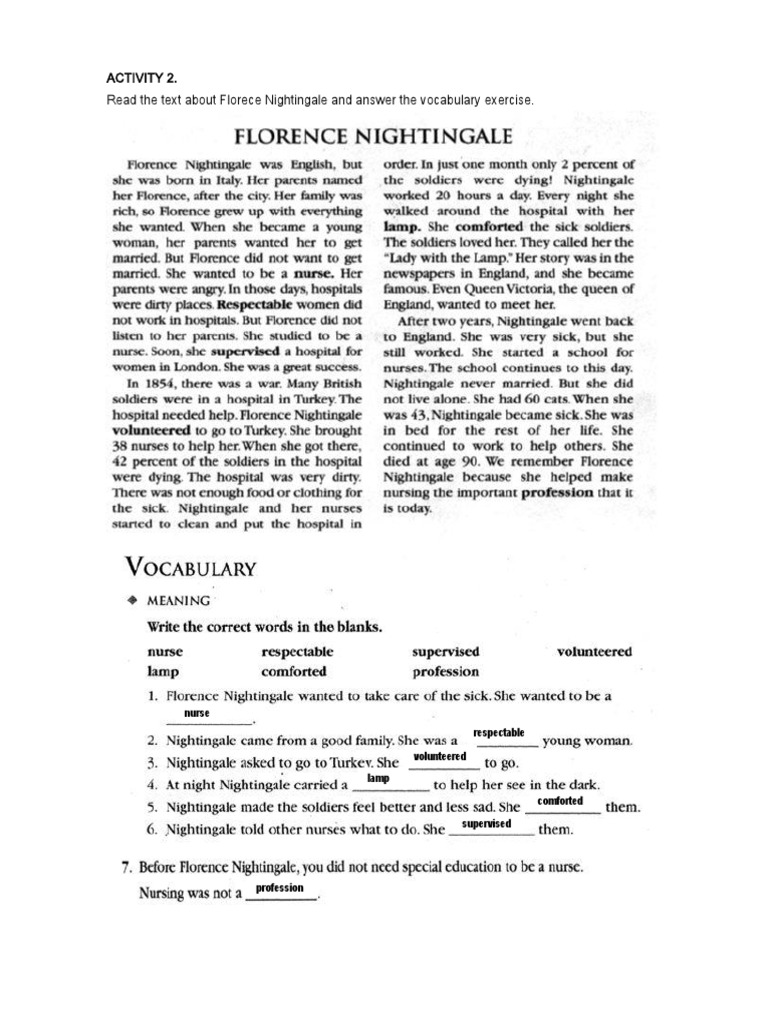 Florence Nightingale Vocabulary Exercise | PDF