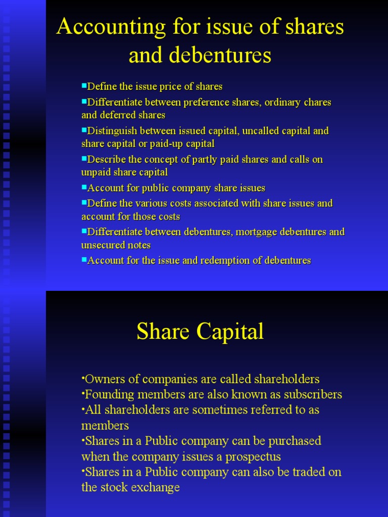 Accounting For Issue of Shares and Debentures | PDF | Debenture | Dividend