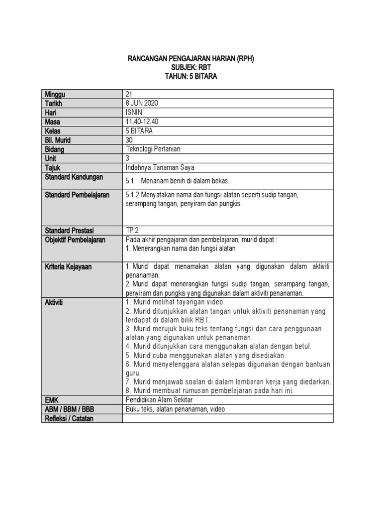 Template RPH TS25 RBT 2020 | PDF