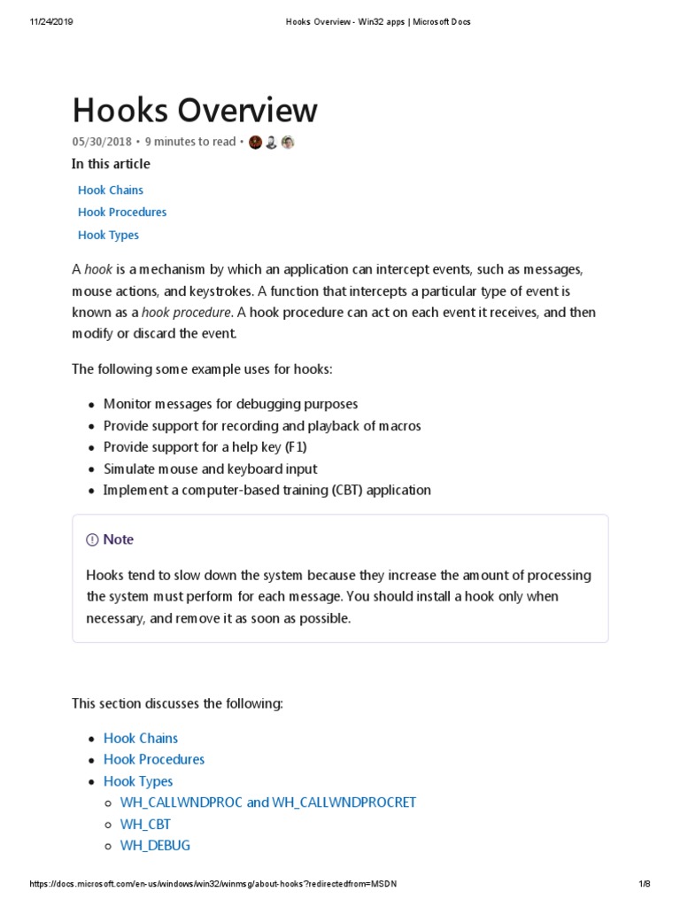 Hooks Overview - Win32 Apps - Microsoft Docs | PDF | Subroutine | Thread (Computing)