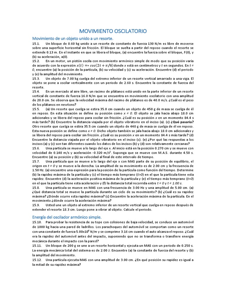 01 Ejercicios Serway Movimiento Oscilatorio | PDF | Péndulo | Oscilación