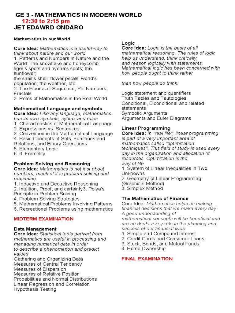12:30 To 2:15 PM: Ge 3 - Mathematics in Modern World Jet Edawrd Ondaro ...