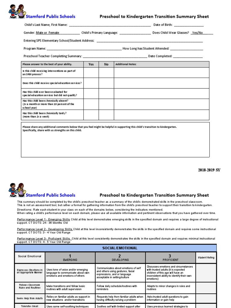 Stamford Public Schools: Preschool To Kindergarten Transition Summary ...