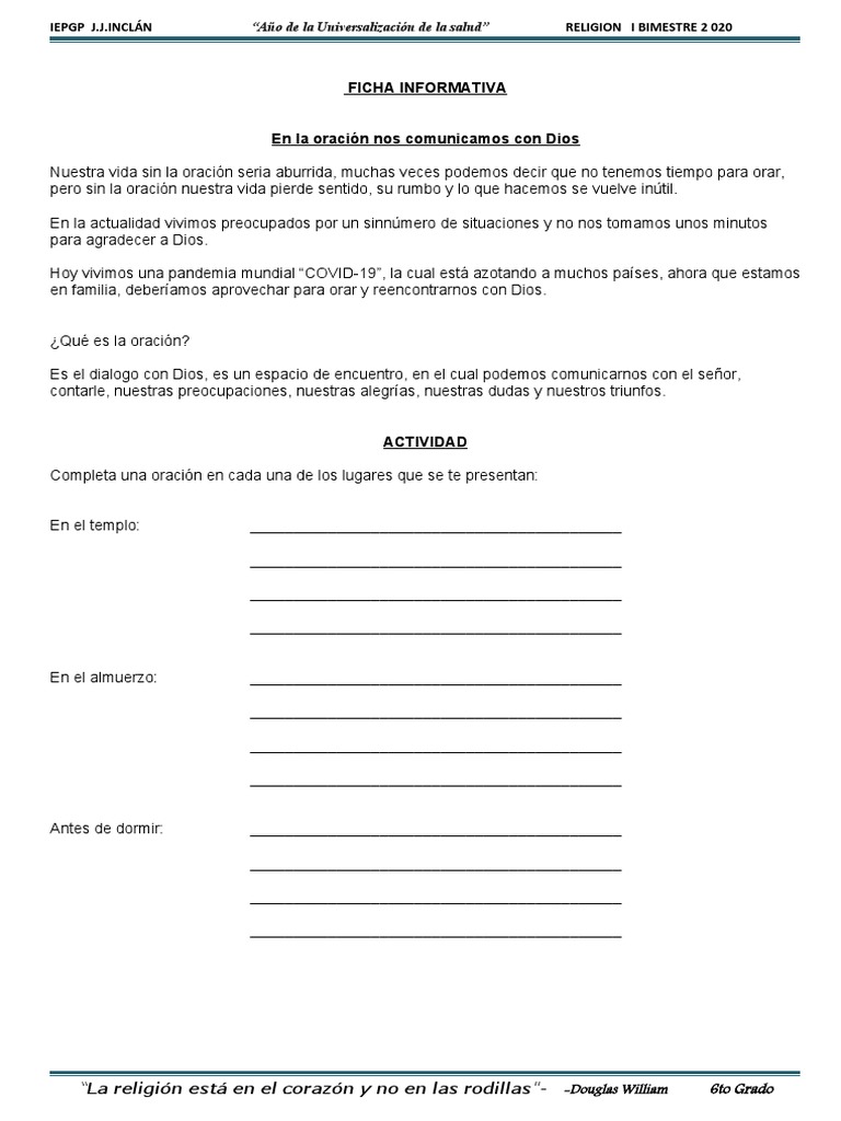 Ficha de Religion N°03 | PDF | Oración | Dios