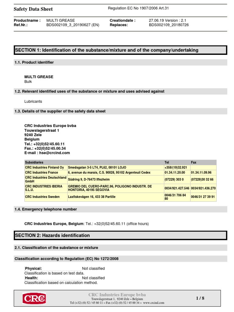 Safety Data Sheet: SECTION 1: Identification of The Substance/mixture ...