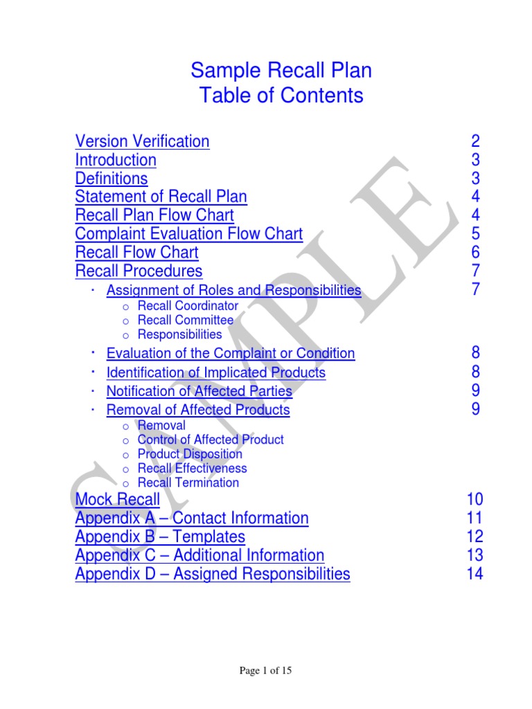Sample Recall Plan: Assignment of Roles and Responsibilities | PDF ...