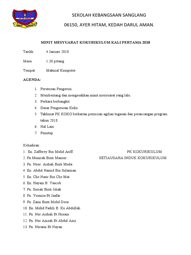 Minit Mesyuarat Kokurikulum 1 | PDF