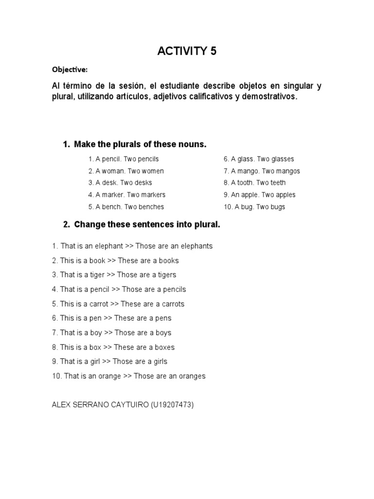 Ejercicios de Singular y Plural en Español | PDF | Language Arts ...