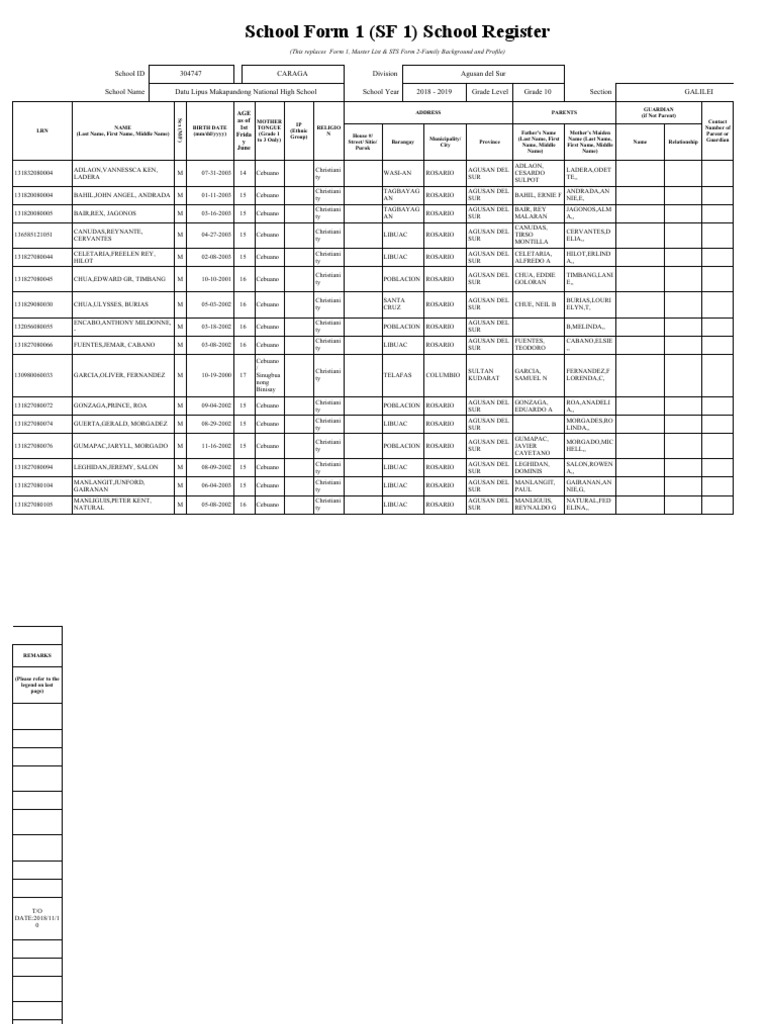 School Form 1 (SF 1) School Register | PDF | Philippines