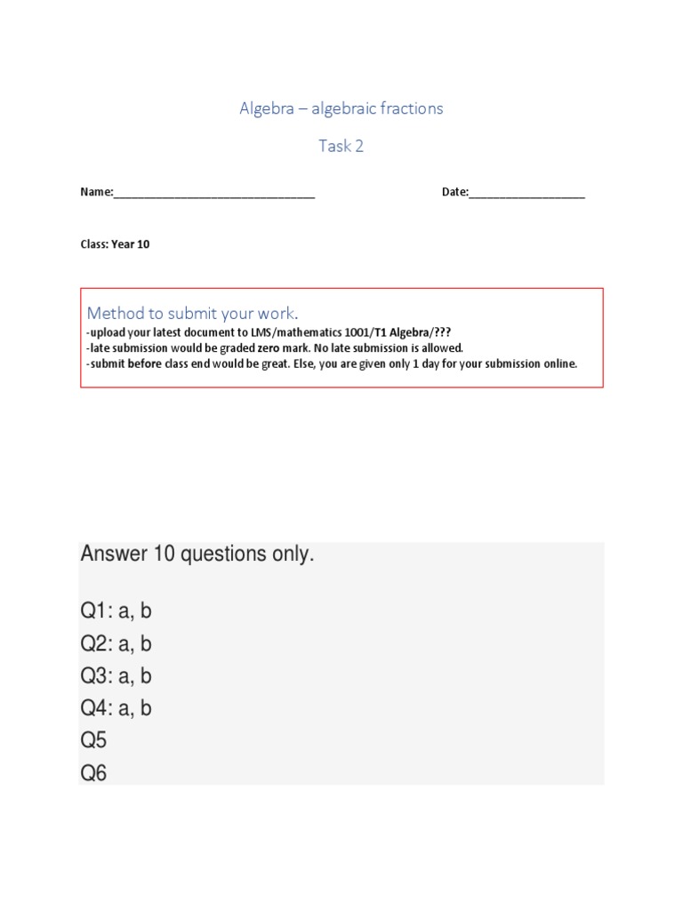 Year 10 Algebraic Fractions Task | PDF | Career & Growth | Teaching ...