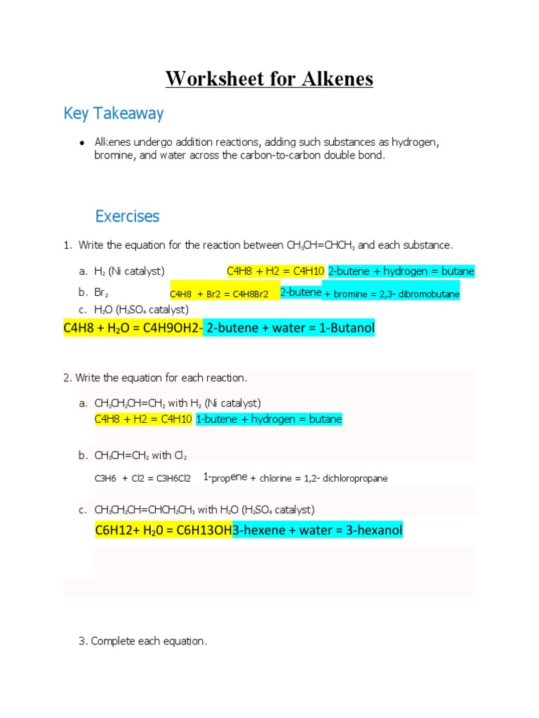 Alkenes Addition Reactions Worksheet | PDF