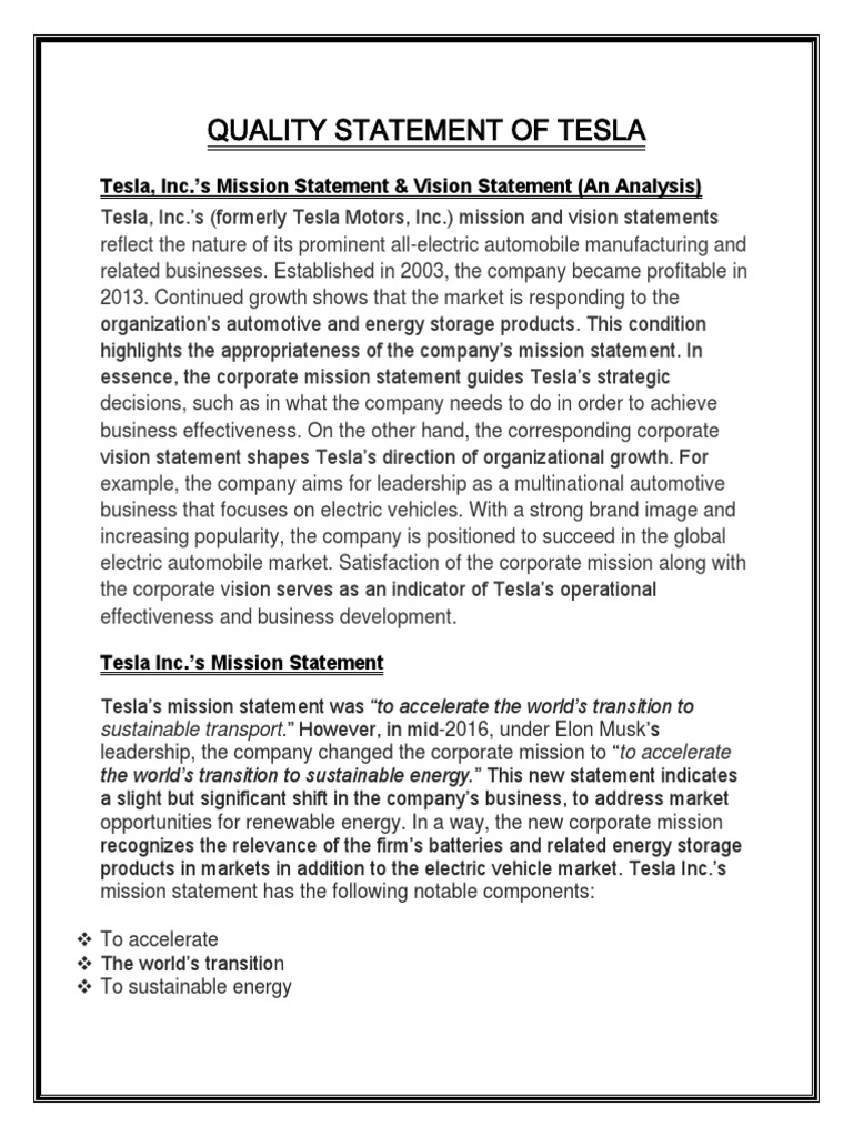 Quality Statement of Tesla | PDF | Electric Vehicle | Electric Car