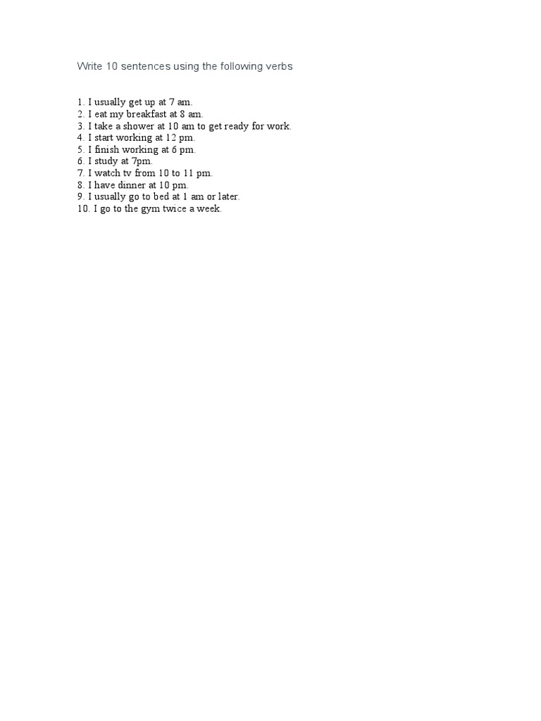 Write 10 Sentences Using The Following Verbs | PDF