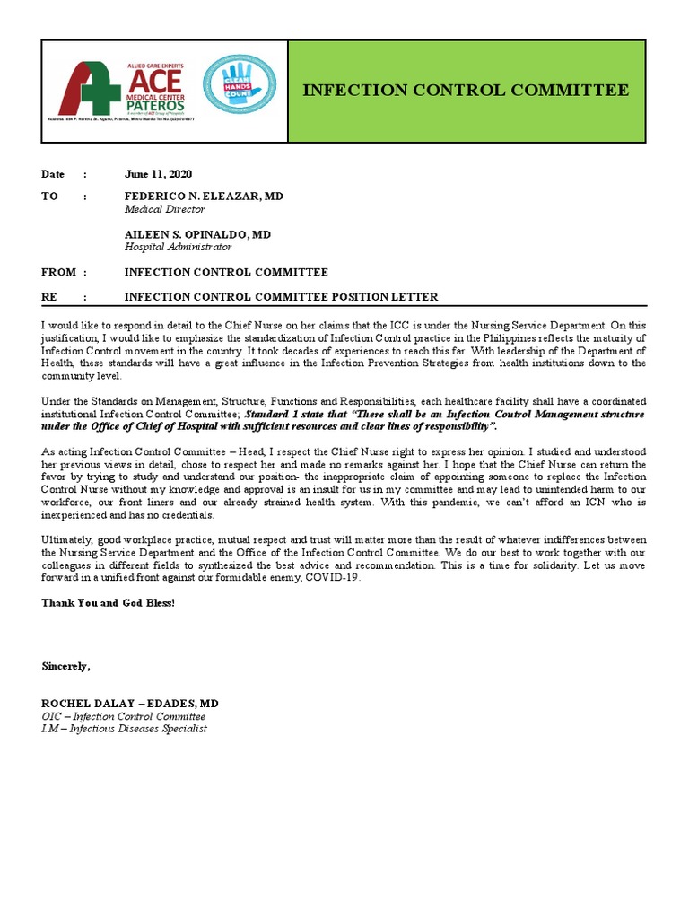 Infection Control Committee: Date: June 11, 2020 TO: Federico N ...