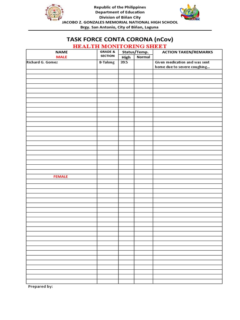 Task Force Conta Corona (Ncov) : Health Monitoring Sheet | PDF