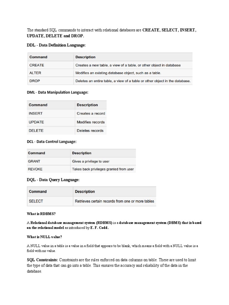 Update, Delete and Drop. DDL - Data Definition Language | PDF