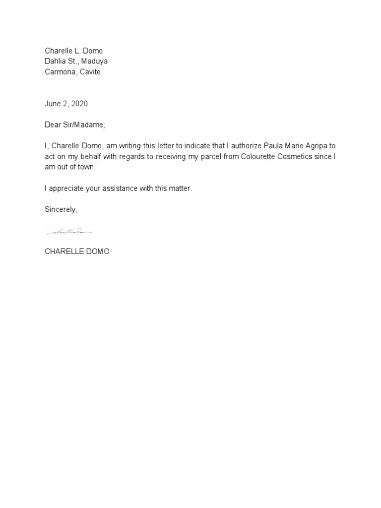 Authorization Letter for Parcel Pickup | PDF