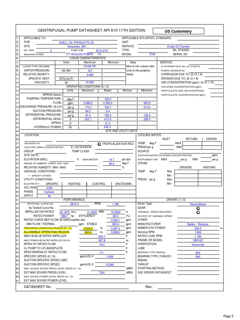 Centrifugal Pump Datasheet Api 610 11Th Edition: US Customary | PDF ...