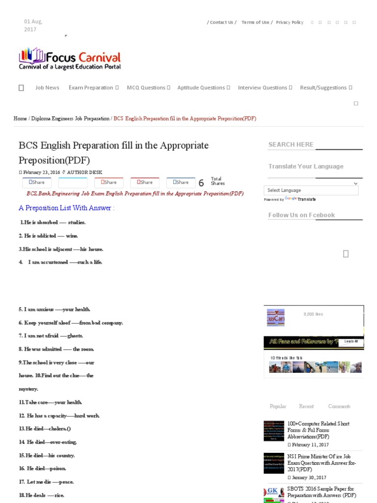 BCS English Preparation Fill in The Appropriate Preposition PDF | PDF ...