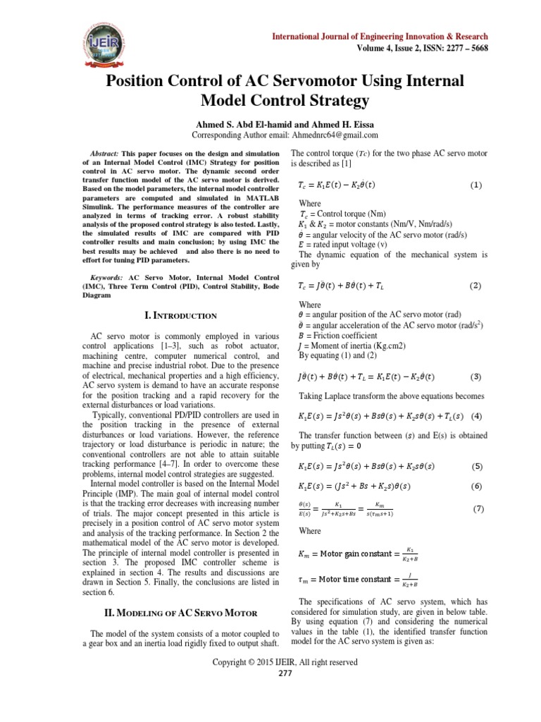 Position Control of AC Servomotor Using Internal Model Control Strategy ...
