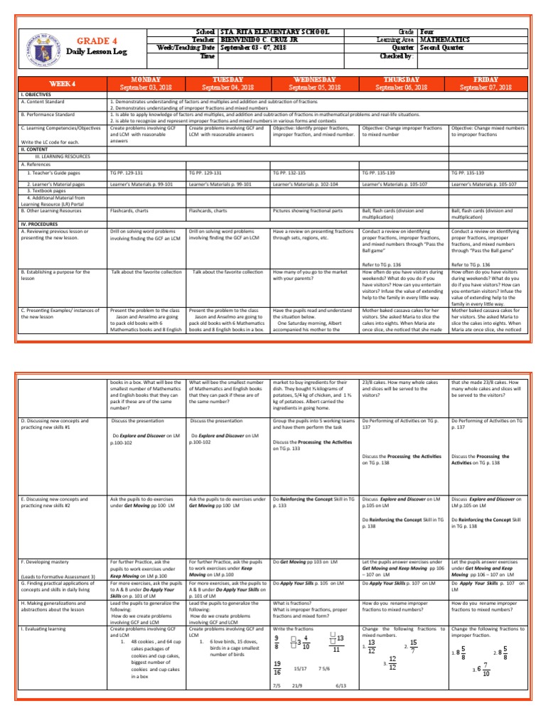 Grade 4 DLL Quarter 2 Week 4 (Sir Bien Cruz) | PDF | Fraction ...