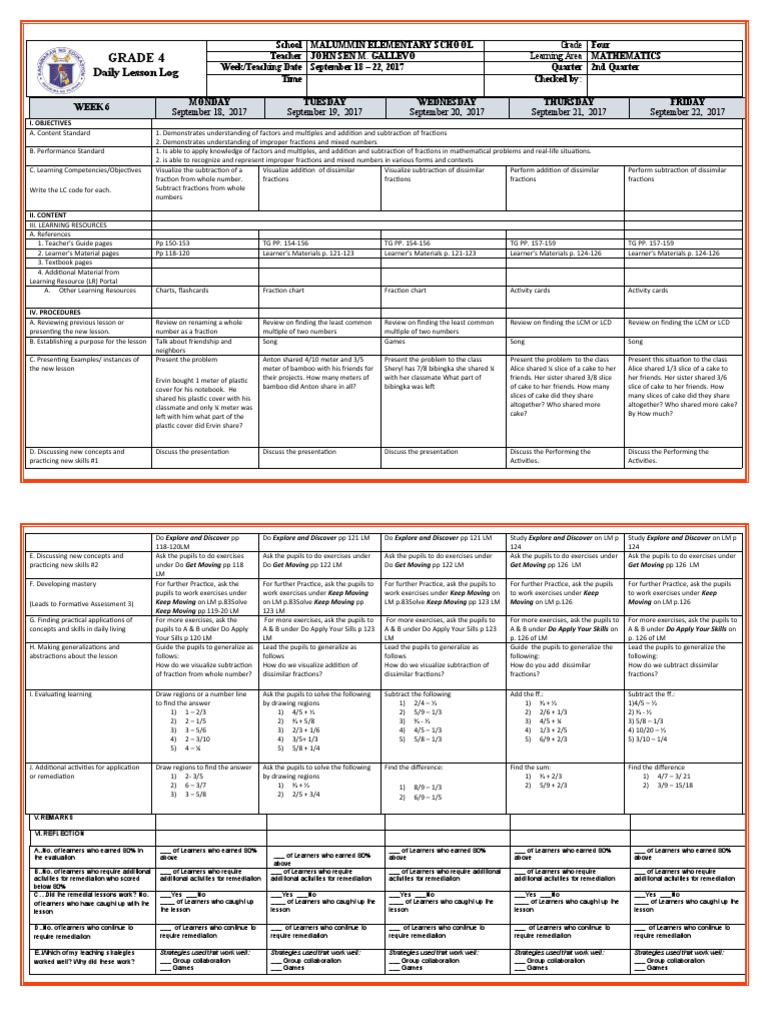 Grade 4 Math Lesson Plan Week 6 | PDF | Fraction (Mathematics ...