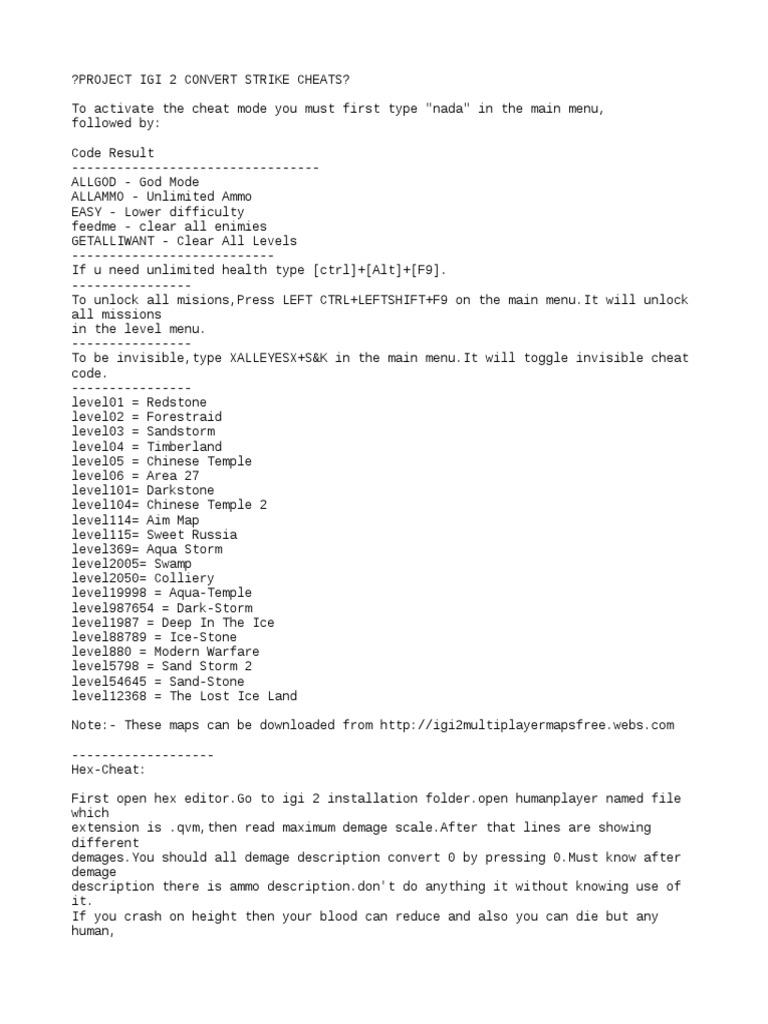 IGI 2 Cheat Codes and Unlocks Guide | PDF | Computers