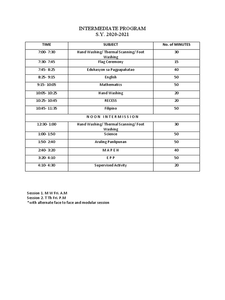 Intermediate Program S.Y. 2020-2021: Time Subject No. of Minutes | PDF