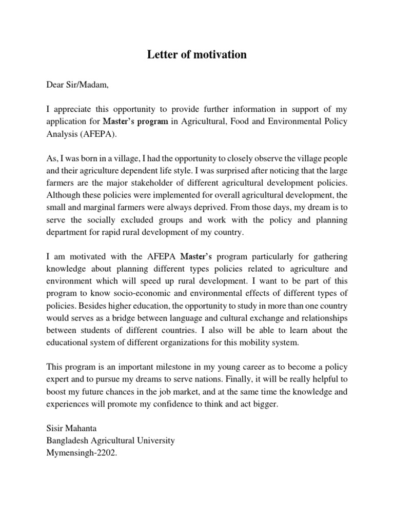 Motivation Letter for Erasmus Mundus AFEPA | PDF | Social Science ...