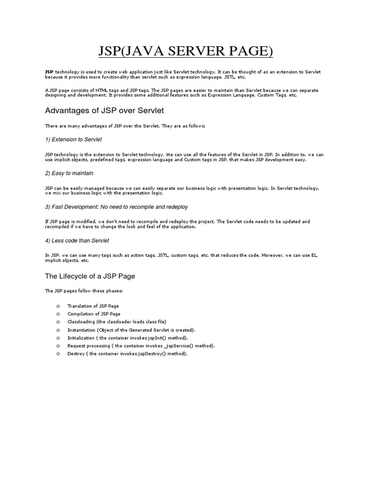 JSP (Java Server Page) : Advantages of JSP Over Servlet | Download Free PDF | Java Server Pages ...