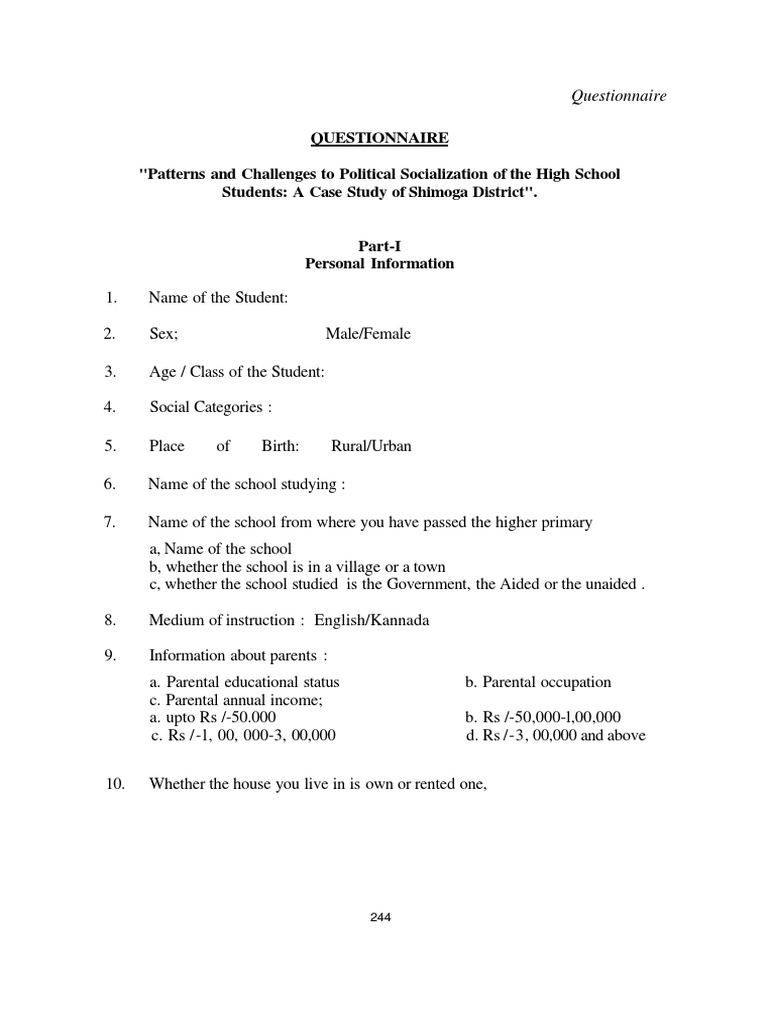 Questionnaire "Patterns and Challenges To Political Socialization of ...