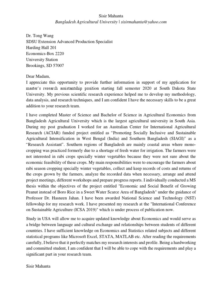 Master's Research Assistant Application | PDF | Agriculture | Bangladesh