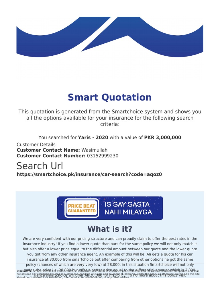 Car Insurance Quotation Ref ID Aqoz0 Smartchoice - PK | PDF | Indemnity ...