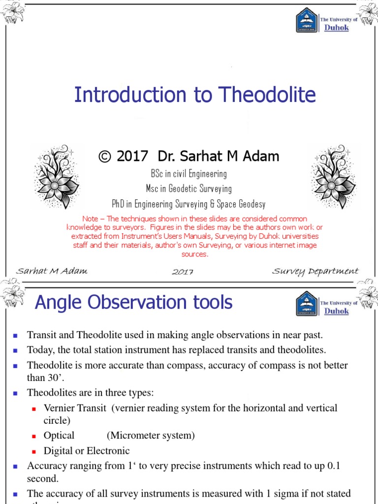 2nd Semster - Lec03 - Introduction To Theodolite PDF | PDF | Surveying ...