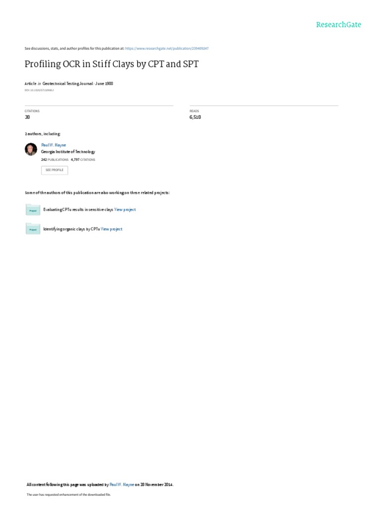 Profiling OCR in Stiff Clays by CPT and SPT: Geotechnical Testing ...
