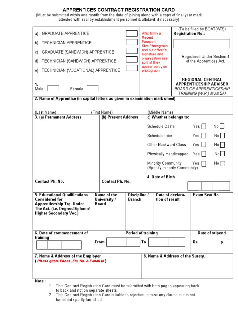 Apprentices Contract Registration Card: Board of Apprenticeship ...