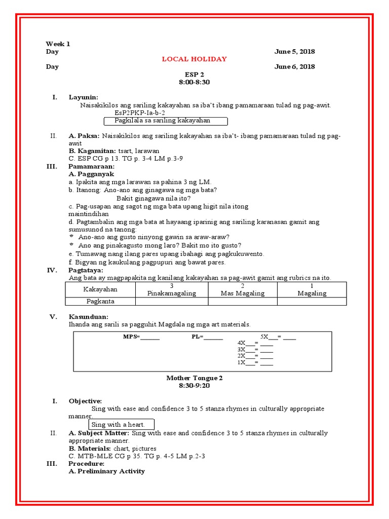 1st Quarter Lesson Plan Week 1 | PDF