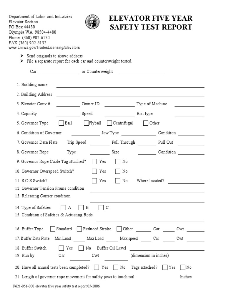 Elevator Five Year Safety Test Report: WWW - Lni.Wa - Gov ...