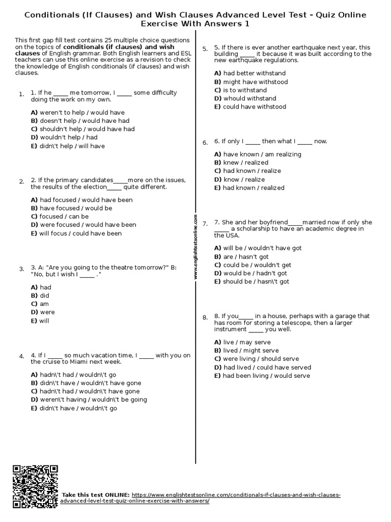 Conditionals (If Clauses) and Wish Clauses Advanced Level Test - Quiz ...
