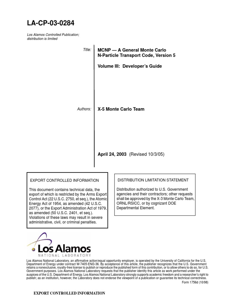 LA-CP-03-0284: MCNP - A General Monte Carlo N-Particle Transport Code ...