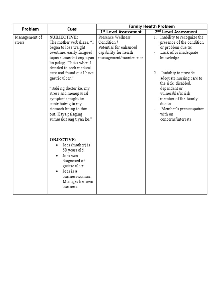 Problem Cues Family Health Problem 1 Level Assessment 2 Level ...