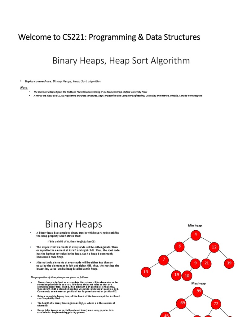 Binary Heaps Heap Sort Algorithm Welcome To Cs221 Programming And Data Structures Pdf
