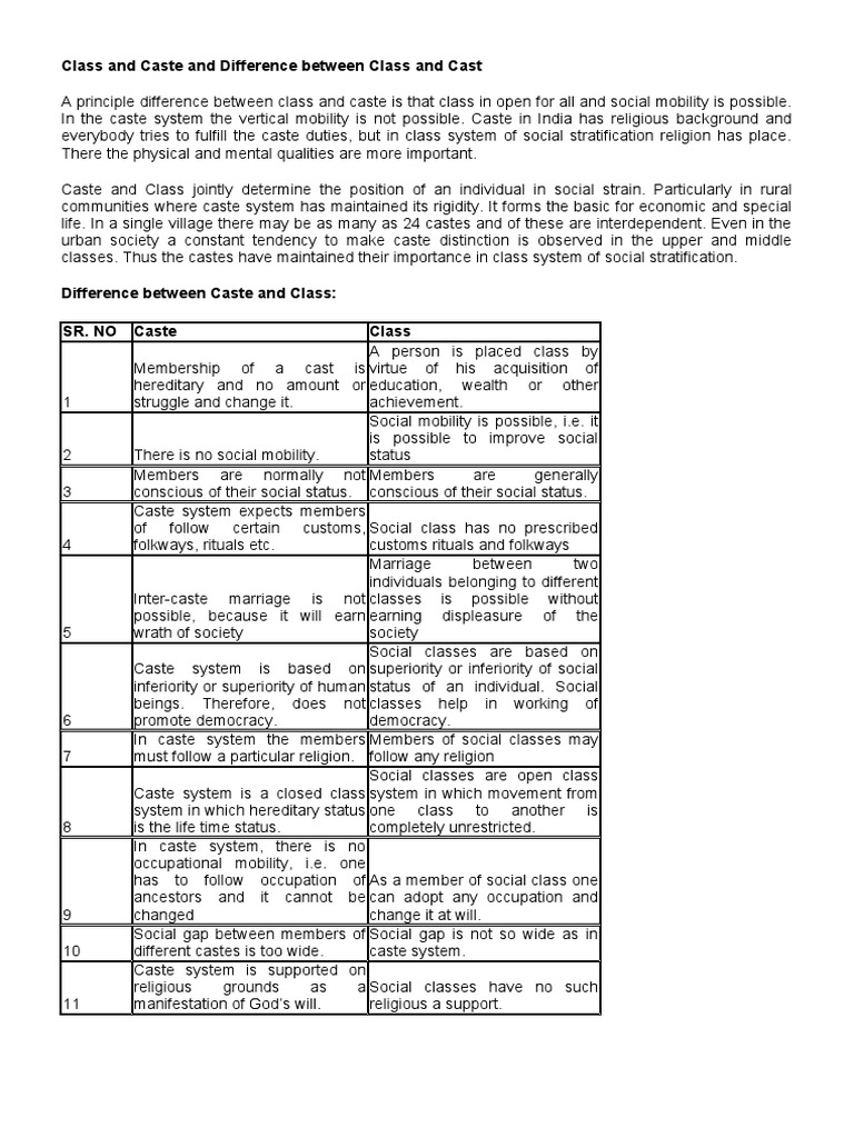 Class and Caste and Difference Between Class and Cast-1 | PDF ...